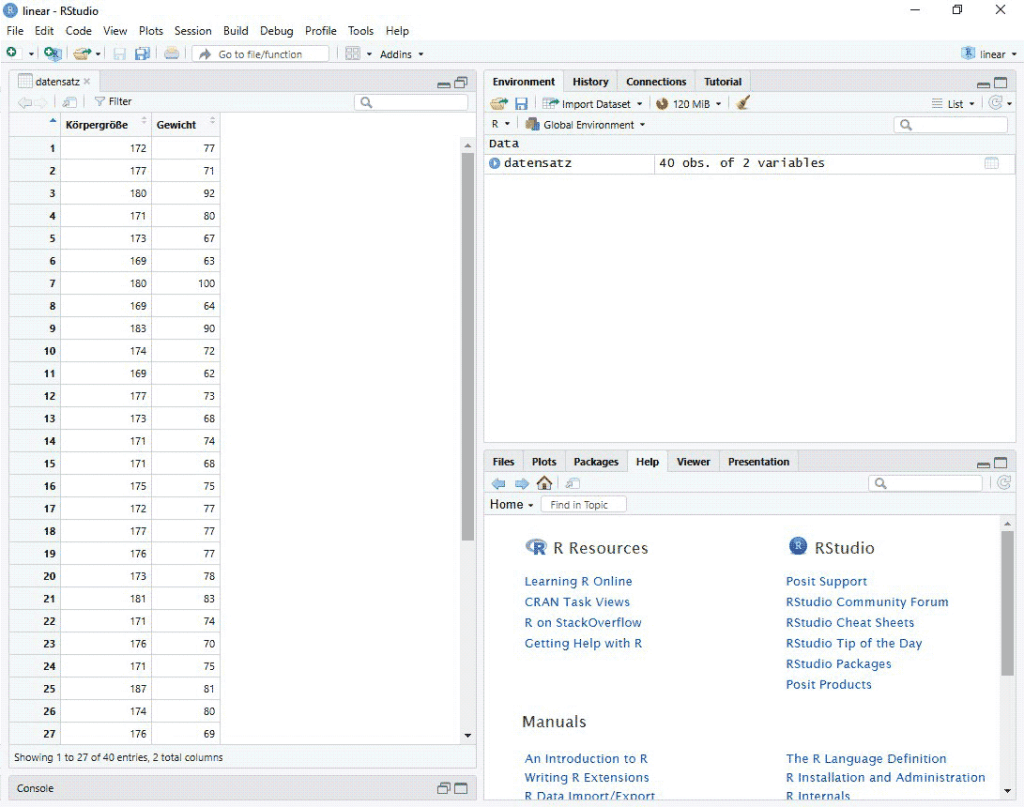 Berechnung lineare Regressionsmodelle in RStudio