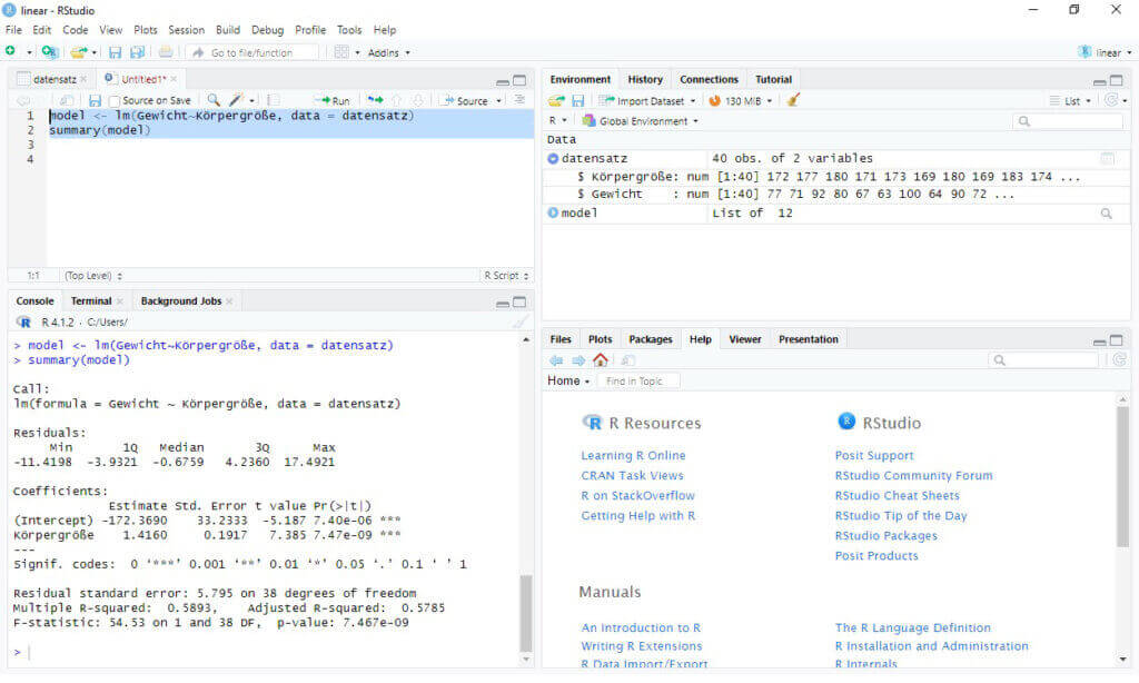 Berechnung lineare Regressionsmodelle in RStudio