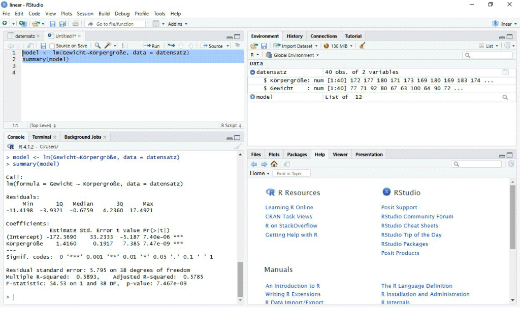 Berechnung lineare Regressionsmodelle in RStudio