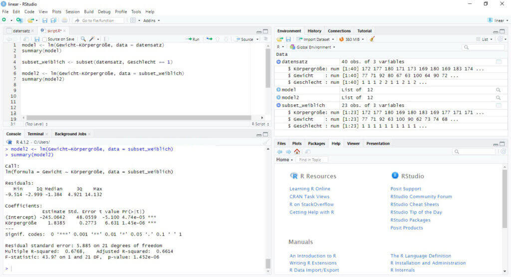 Berechnung lineare Regressionsmodelle in RStudio